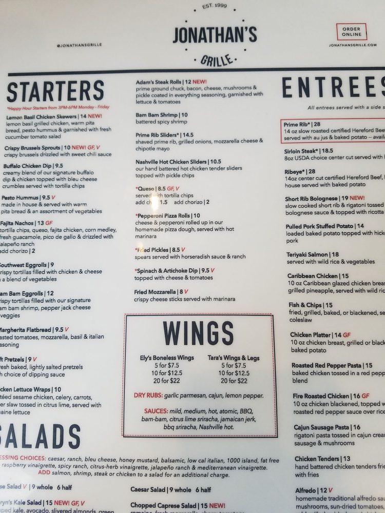 Menu at Jonathan's Grille pub & bar, Nashville, 717 3rd Ave N