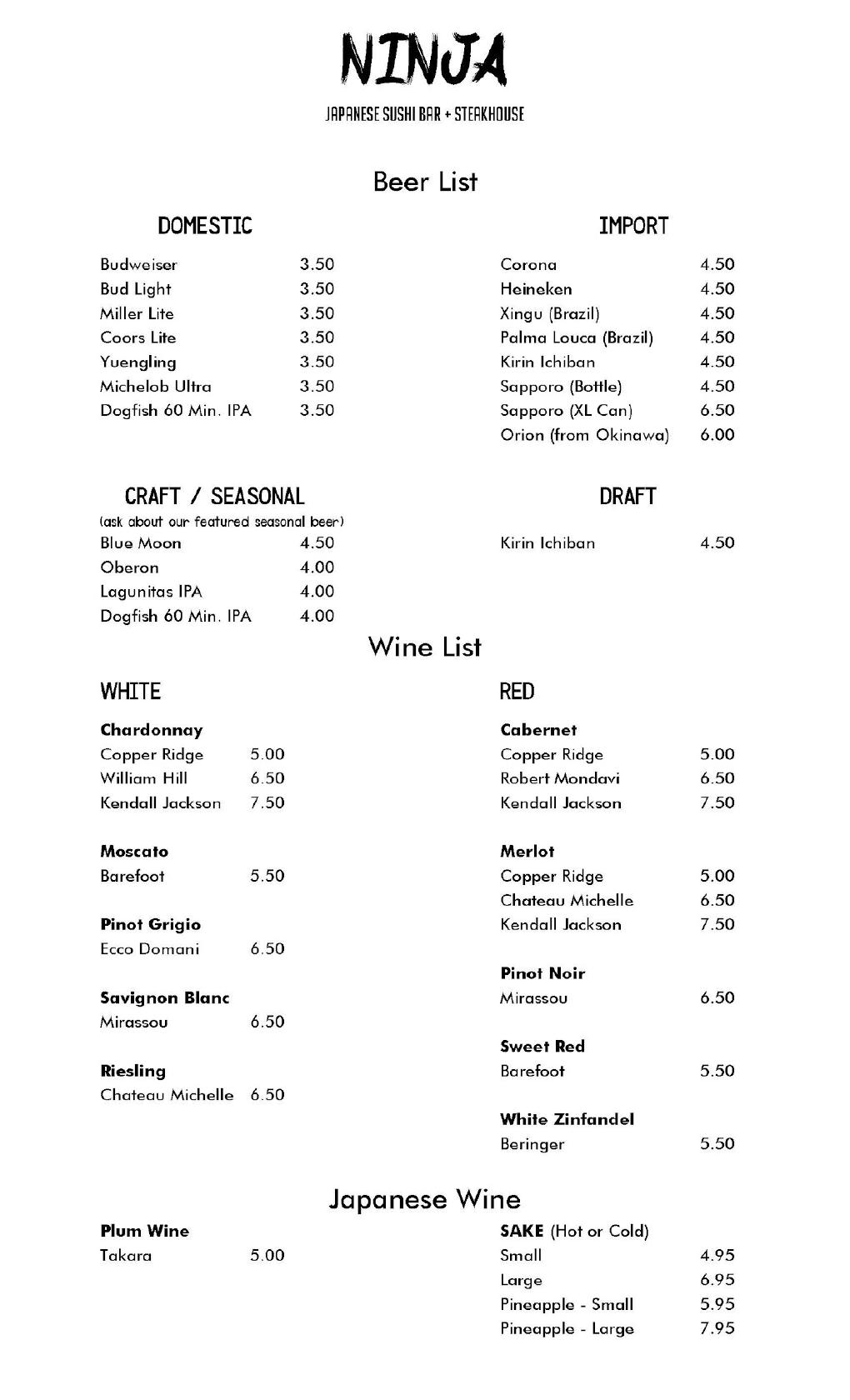 Menu at Ninja Japanese Sushi and Hibachi Steakhouse, Macon