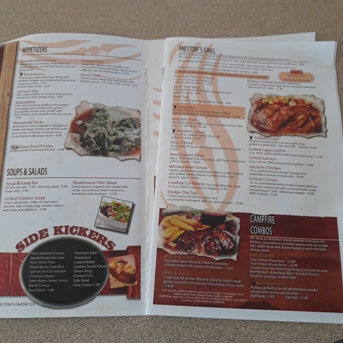 Menu at Preston's Steakhouse, Oneida