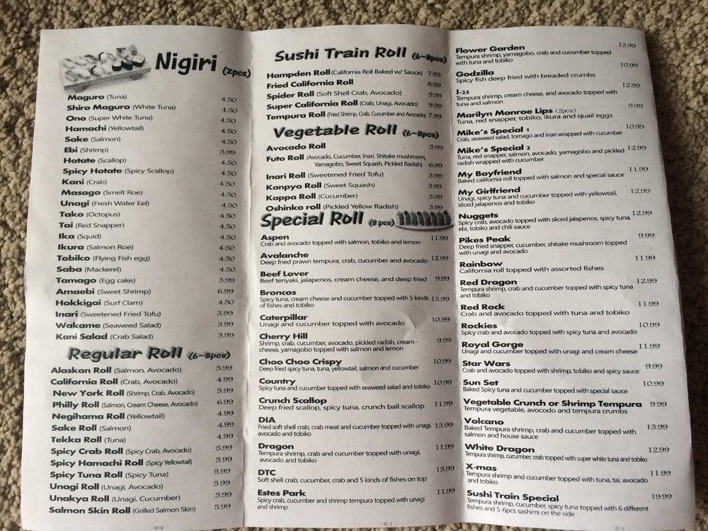 Menu at Sushi Train restaurant, Denver