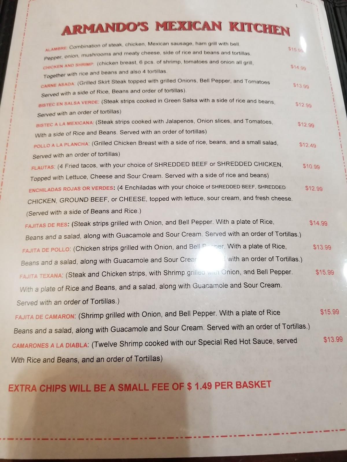 Menu at Armando's Mexican Kitchen restaurant, Fairburn