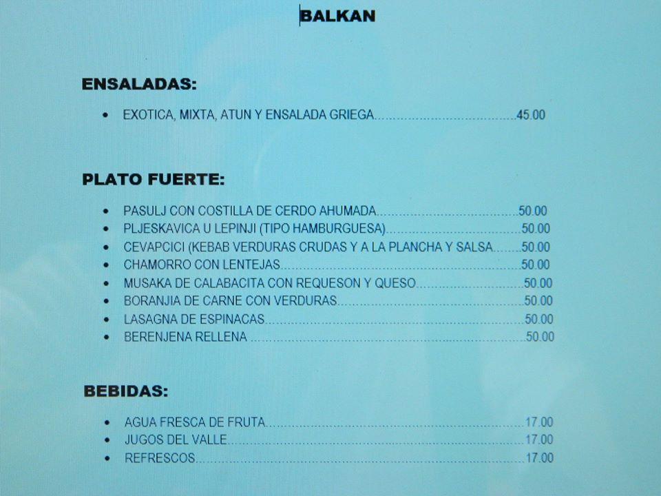 Menu at Balkan restaurant, Tepic