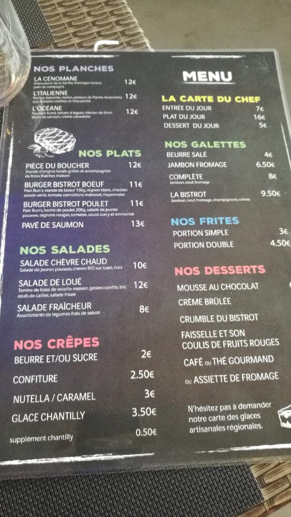 Menu au Bistrot du Moulin restaurant, Fillé, Ile MoulinSart