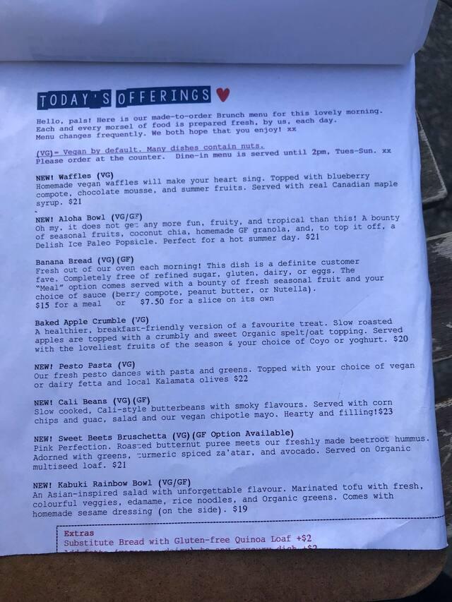 Menu at Flora & Fauna cafe, Perth