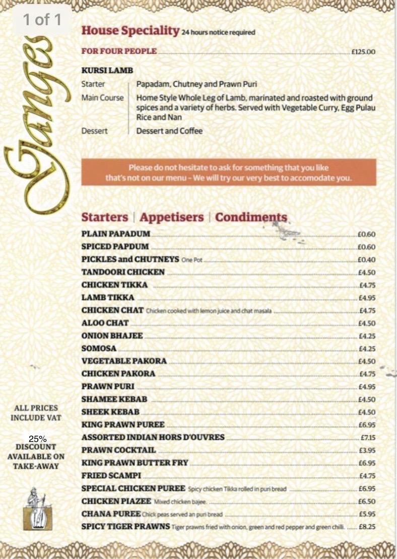 Menu at Ganges restaurant, Truro