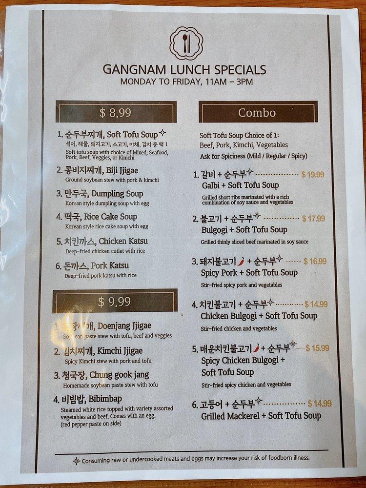 Menu at Gangnam BBQ, Lynnwood