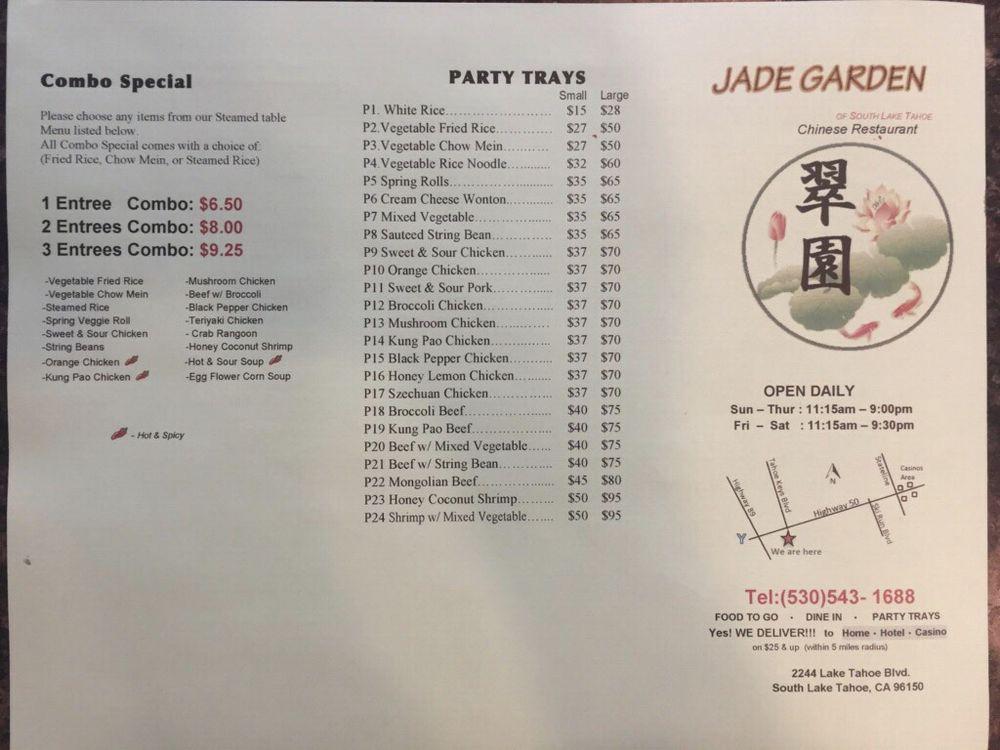 Menu at Jade Garden restaurant, South Lake Tahoe