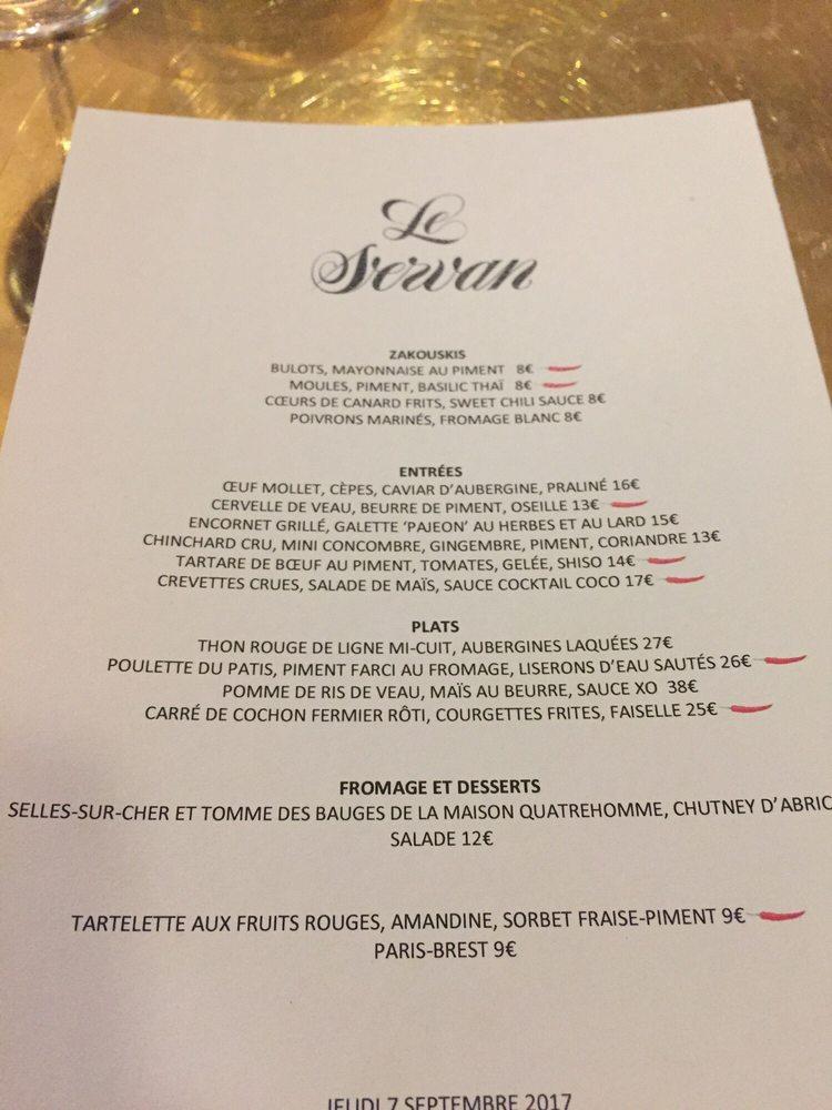 Menu at Le Servan restaurant, Paris