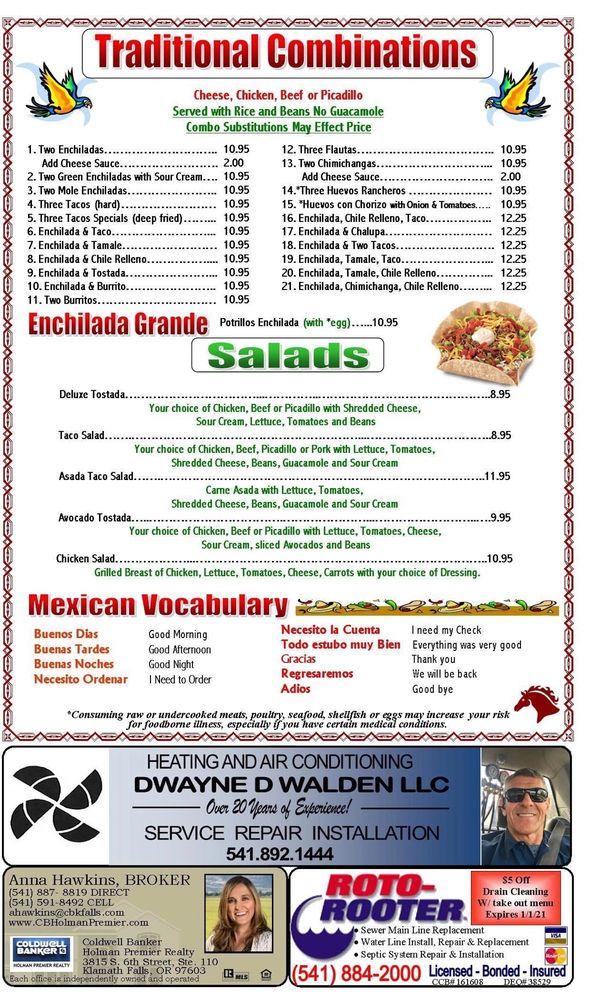 Menu at Los Potrillos Mexican Restaurant, Klamath Falls