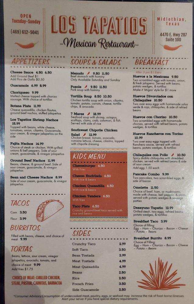 Menu at Los Tapatios restaurant, Midlothian