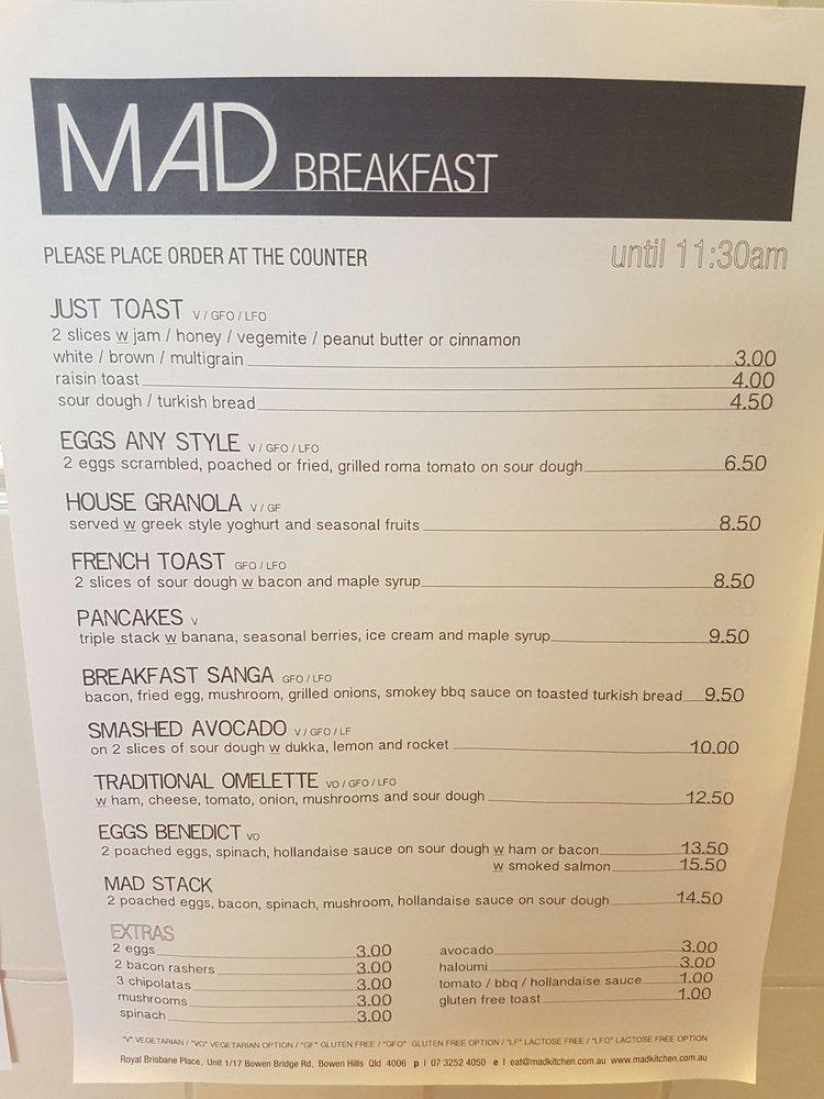 Menu at Mad Kitchen & Co cafe, Bowen Hills