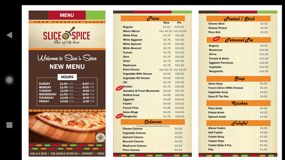 Menu at Slice 'n Spice pizzeria, Airmont