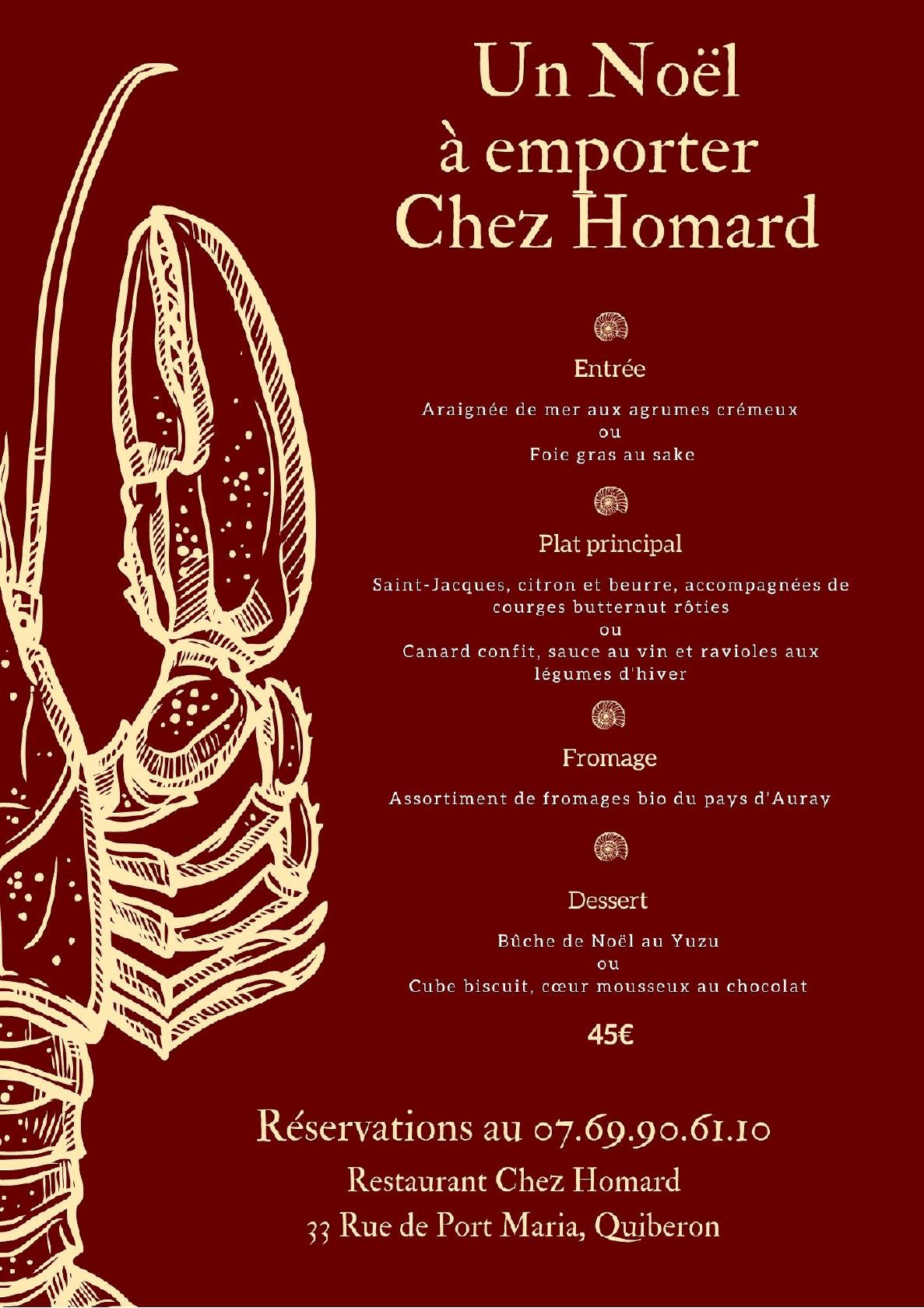 Menu au Chez Homard restaurant, Quiberon, 1 Rue de Kervozes