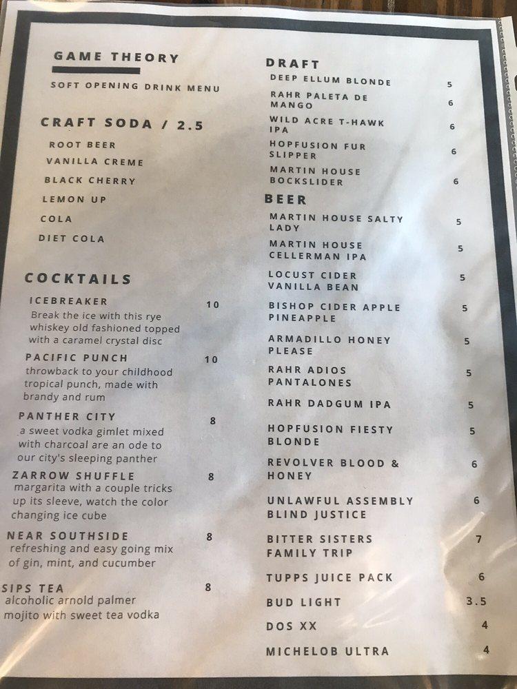 Menu at Game Theory Restaurant + Bar, Fort Worth, 804 S Main St