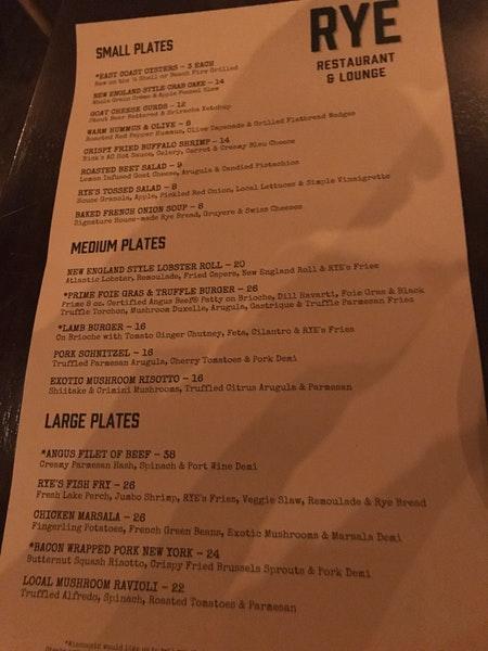 Menu at Rye Restaurant, Appleton
