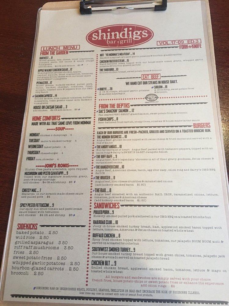Menu at Shindigs Bar & Grill, Winfield