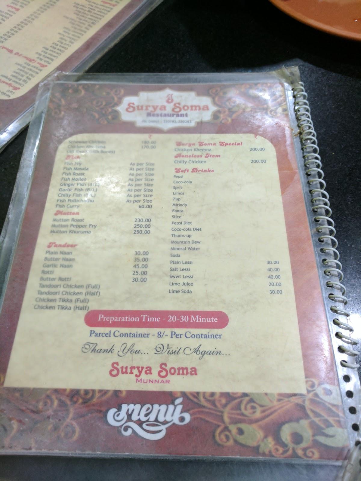 Menu at Surya Soma Restaurant, Munnar