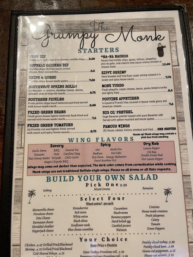 Menu at The Grumpy Monk North Myrtle Beach restaurant, North Myrtle Beach