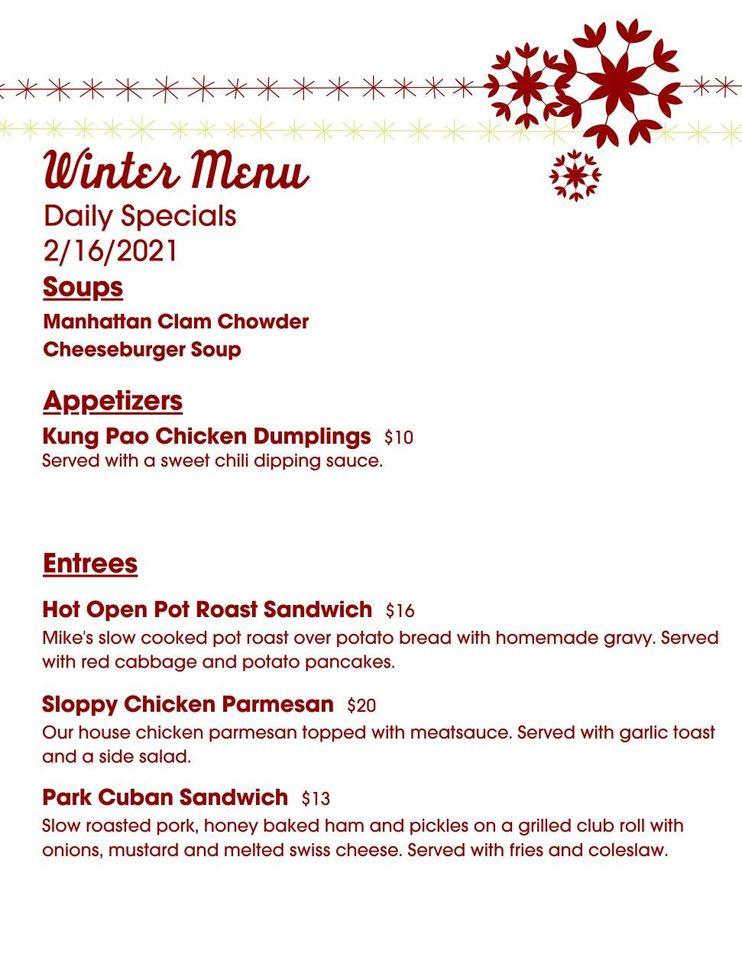 Menu at The Park steakhouse, Highland Falls