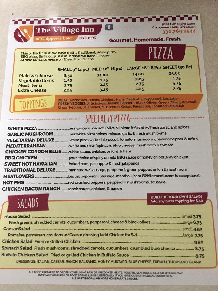 Menu at The Village Inn pizzeria, Chippewa Lake
