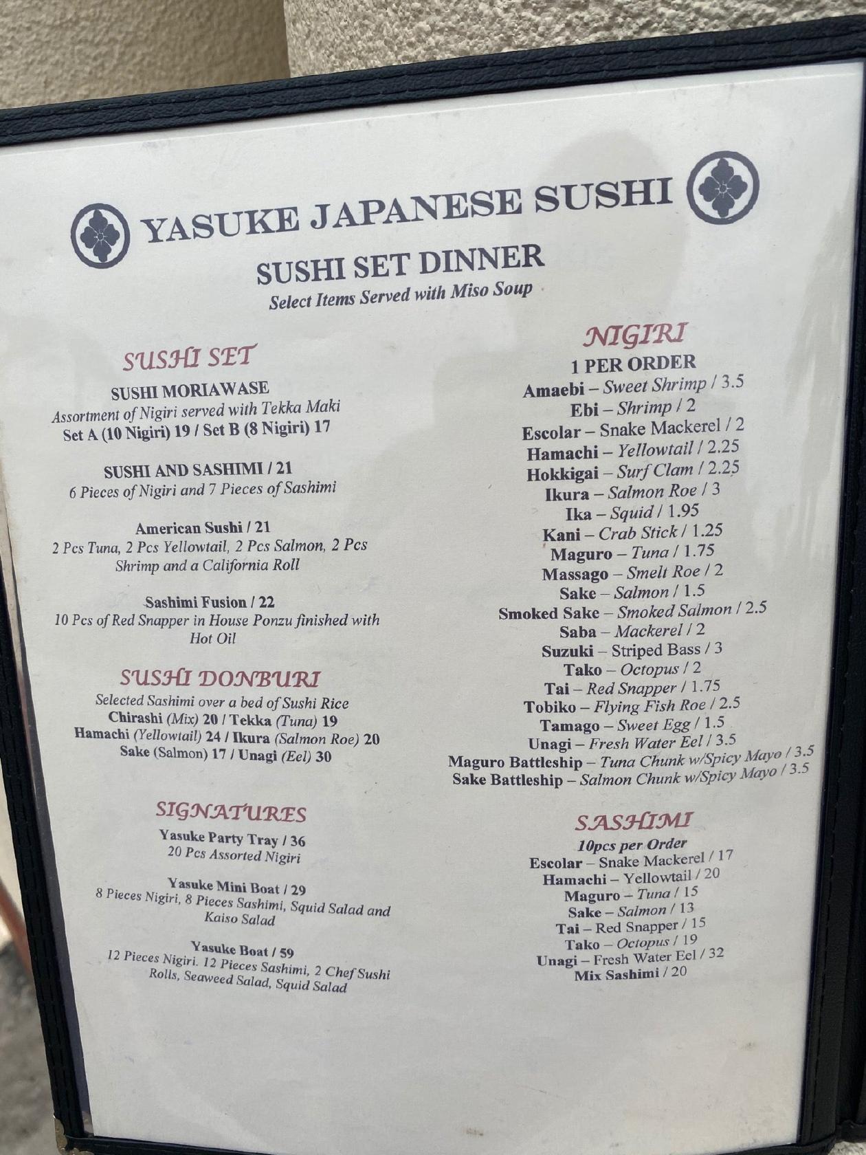 Menu at Yasuke Japanese Sushi restaurant, McAllen