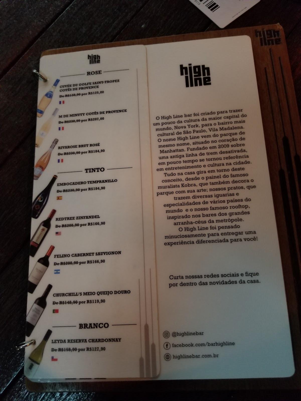 Menu at High Line Bar, São Paulo