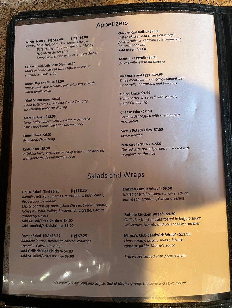 Menu at Mama's Place pub & bar, Metairie