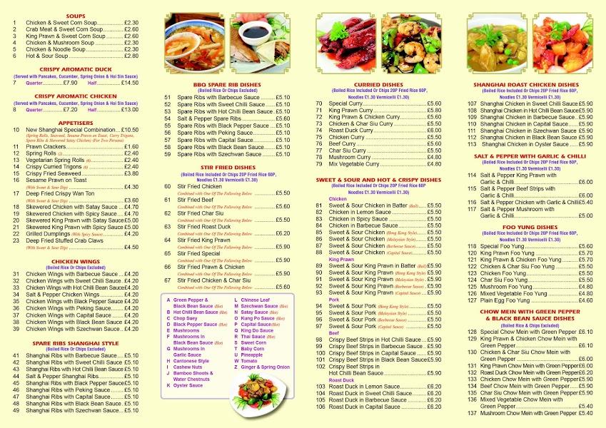 Menu at New Shanghai fast food, Redcar, 109 High St