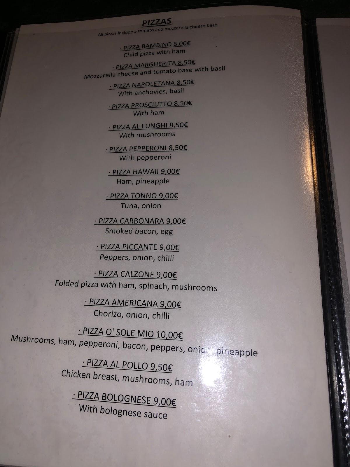 Carta del restaurante O Sole Mio, Dehesa del Campoamor
