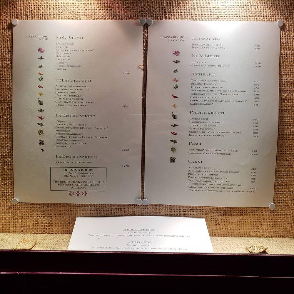 Menu at Piazza Duomo restaurant, Alba