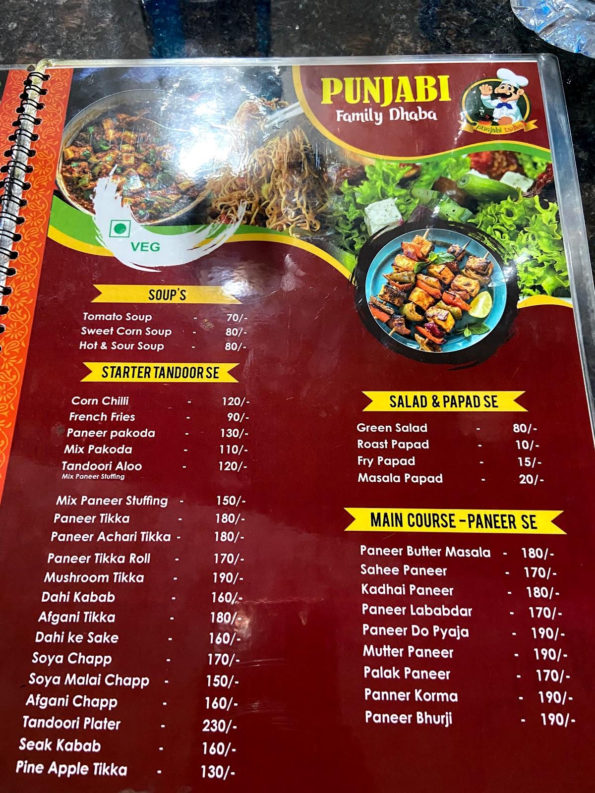 Menu at Punjabi Family Dhaba, Jagdalpur