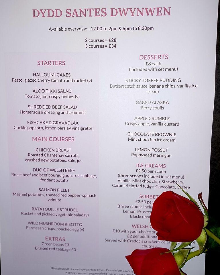 Menu at The Falcondale hotel and restaurant, Lampeter