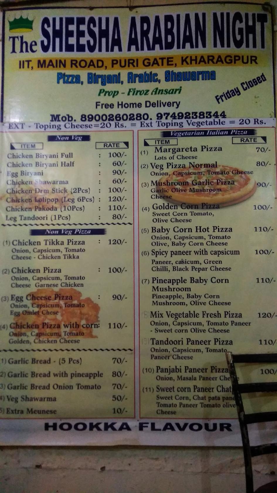 Menu at The Sheesha Arabian Nights, Kharagpur