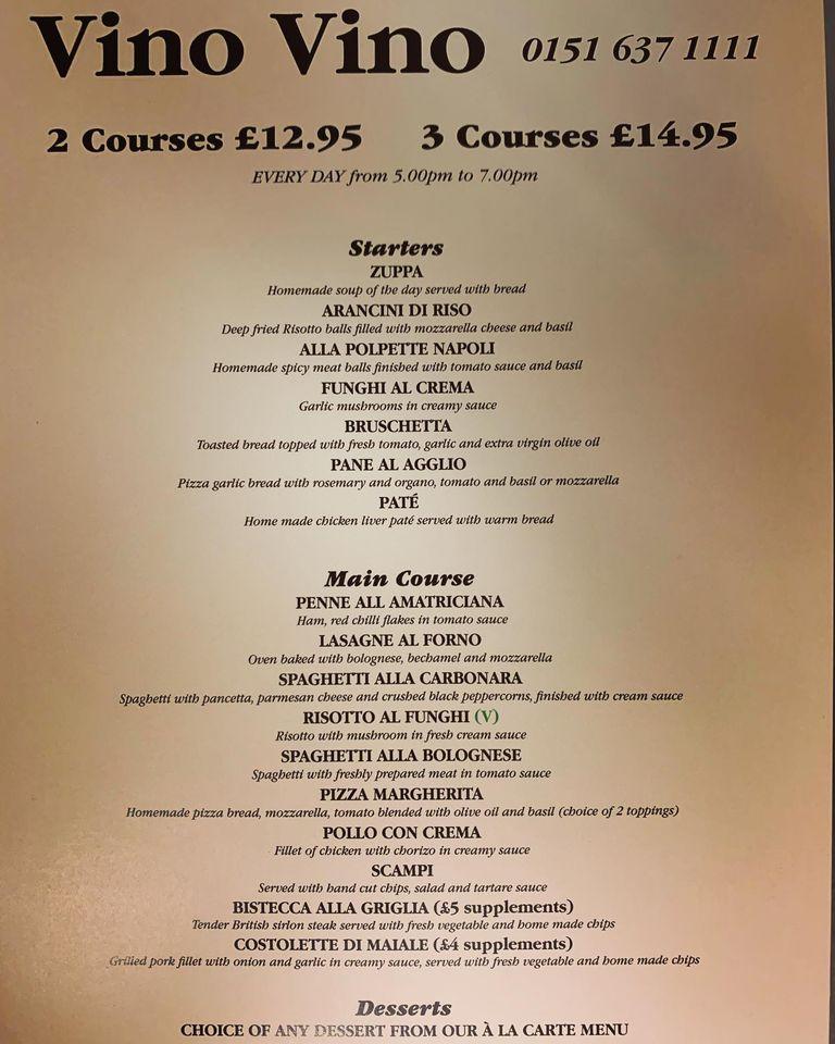 Menu at Vino Vino restaurant, Wallasey, 49 Wallasey Rd
