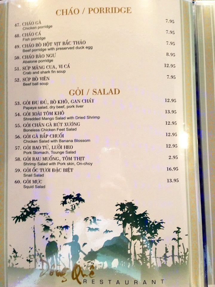 Menu at Dong Que Restaurant, San Jose
