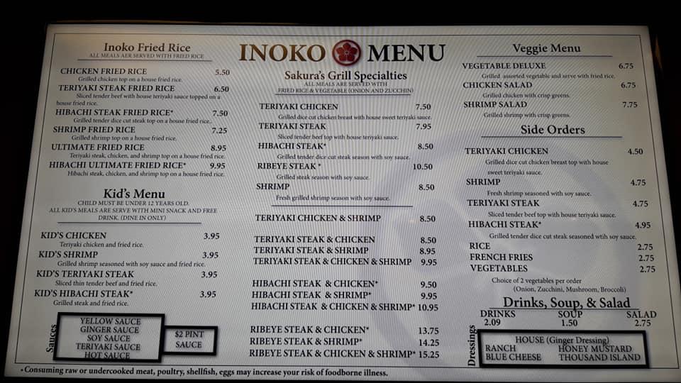 Menu at Inoko Japanese Steakhouse, Winder