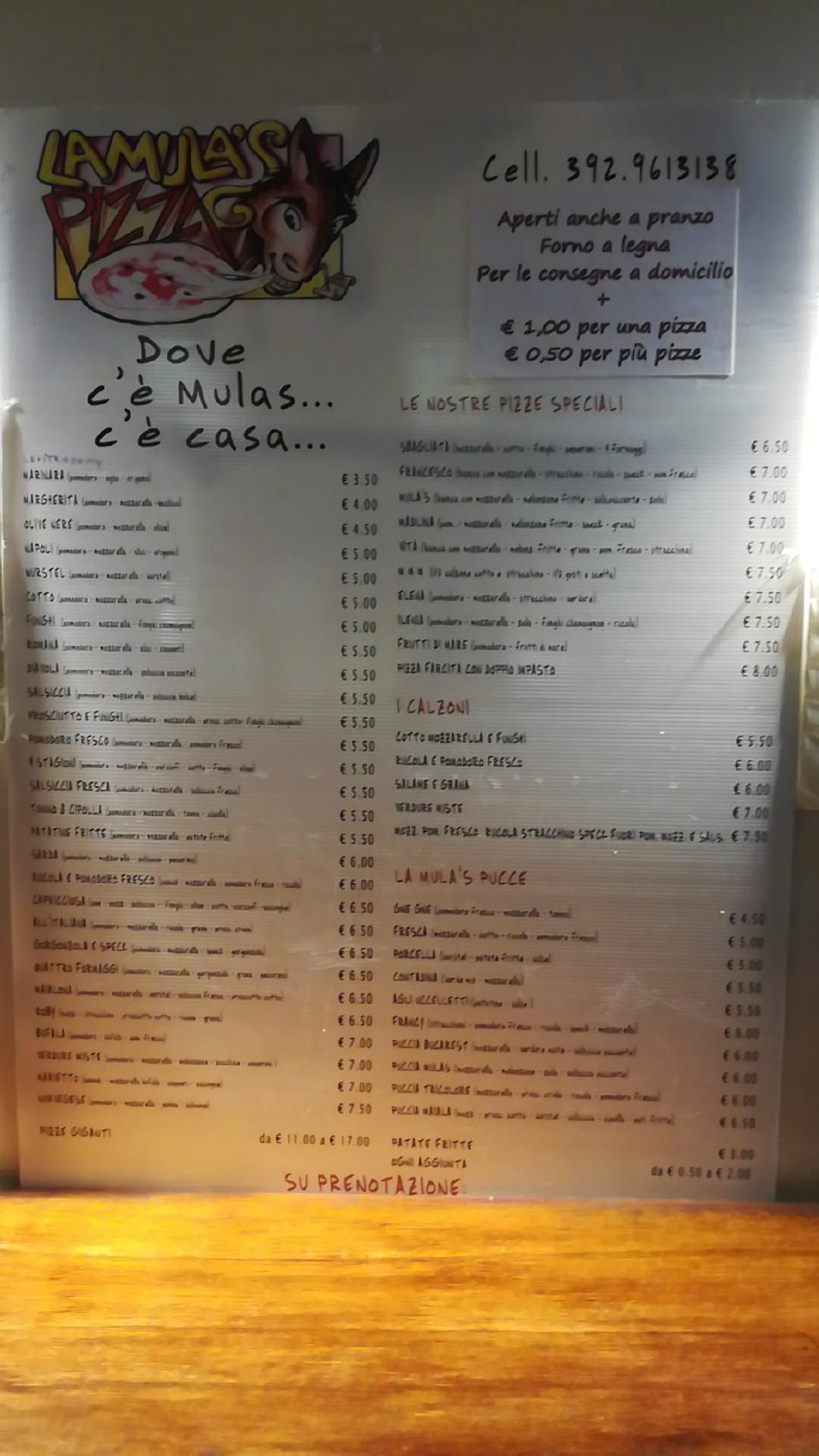 Menu da La Mula's ristorante, La Maddalena