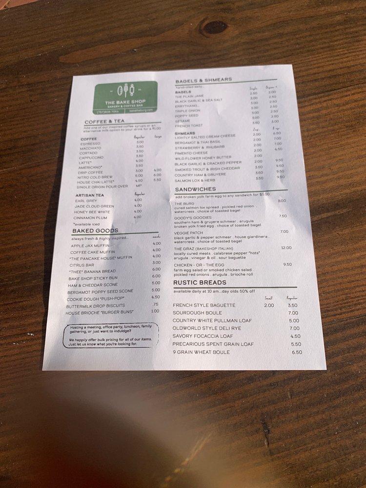 Menu at The Bake Shop restaurant, Williamsburg