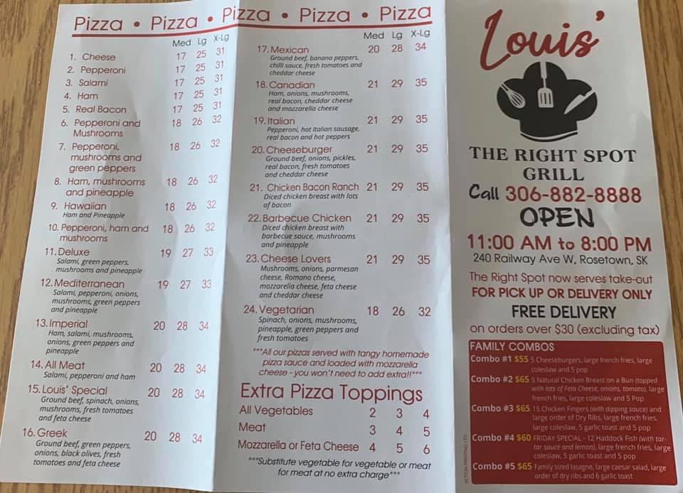 Menu at The Right Spot & Grill restaurant, Rosetown