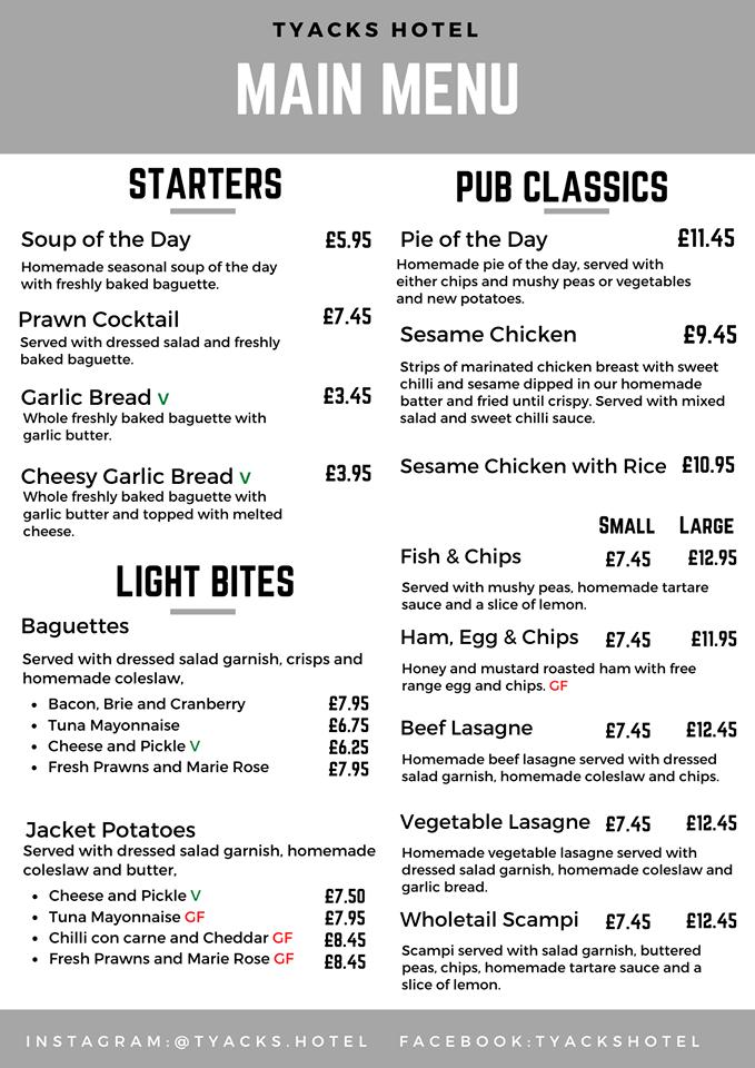 Menu at Tyacks Hotel pub & bar, Camborne, 27 Commercial St