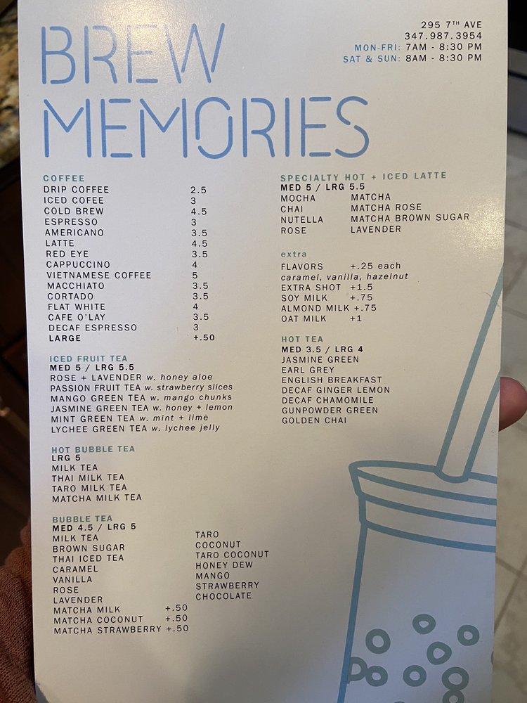 Menu at Brew Memories cafe, New York City