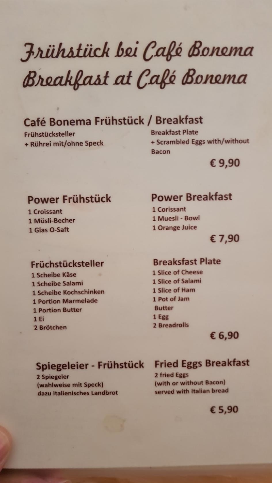 Menu at Café Bonema cafe, Düsseldorf
