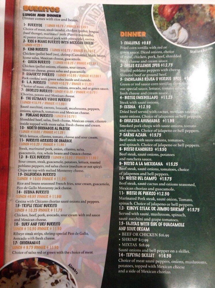 Menu at El Tepeyac Mexican restaurant, Stafford Township