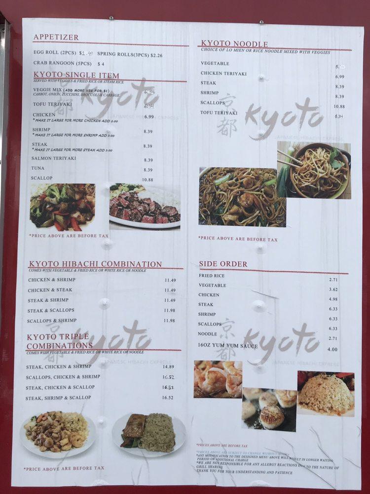 Menu at Kyoto hibachi express restaurant, Springdale