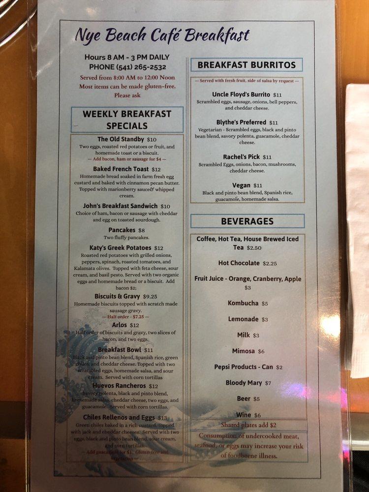 Menu at Cafe Nye Beach, Newport, 400-598 NW Coast St