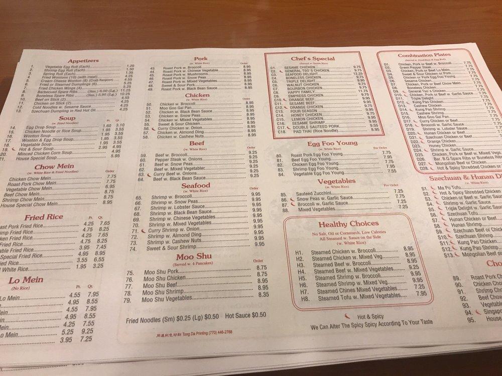 Menu at Shanghai Tokyo Chinese restaurant, Simpsonville