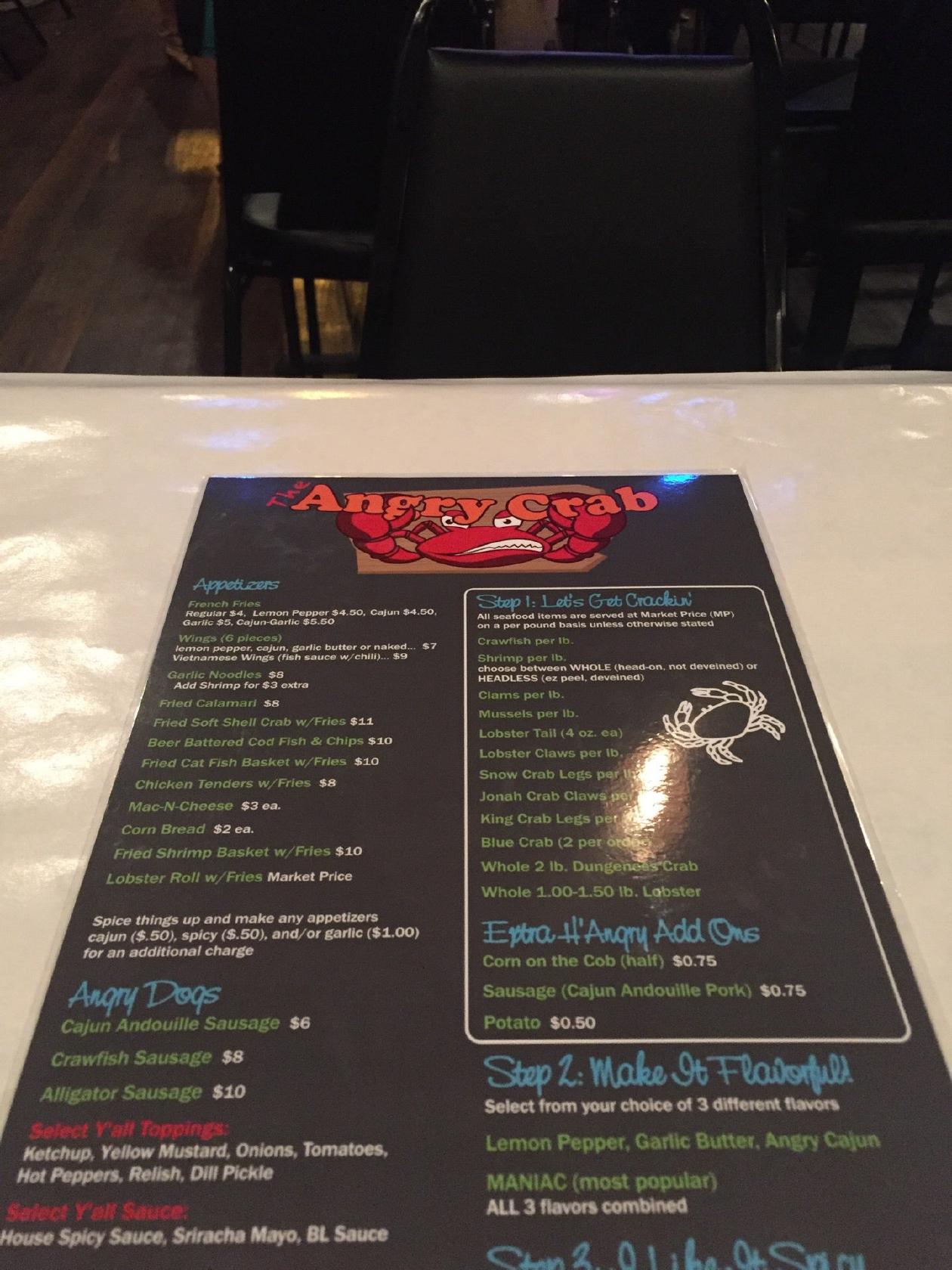 Menu at The Angry Crab Wicker Park restaurant, Chicago, N Milwaukee Ave