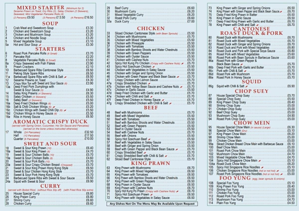 Menu at Village Chinese Takeaway fast food, Canvey Island