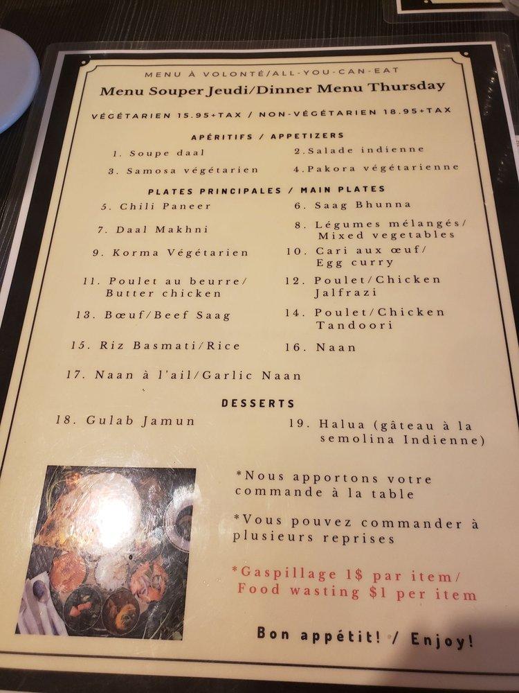 Menu at Buffet Maharani restaurant, Montréal, 808 Rue Jean-Talon O