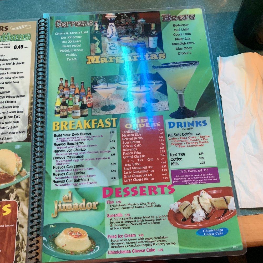 Menu at El Jimador restaurant, Hot Springs Village